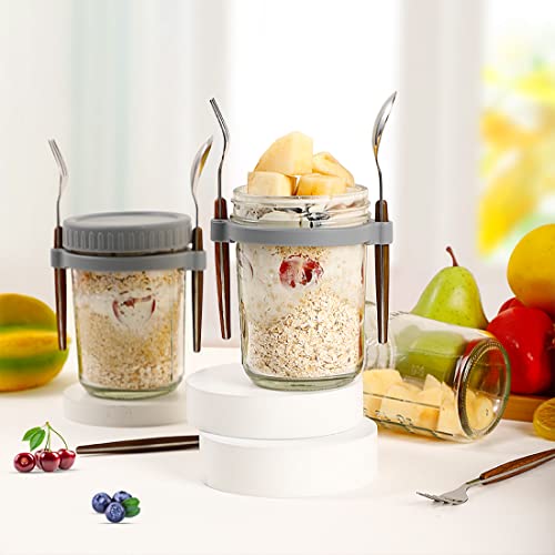 ZCXQM Overnight Oats Containers with Spoon and Fork, 2 Pack 10 oz Mason Jars with Lids for Overnight Oats, Breakfast On the Go Cups Reusable for Milk, Cereal, Fruit(Grey)