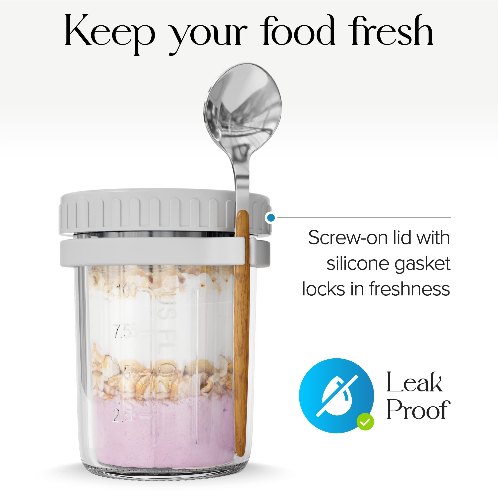 Overnight Oats Containers With Lid And Spoons | Mason Jars For Overnight Oats, Milk, Cereal| Small Containers with Lids | 10 OZ Each | Oatmeal Container | Includes Instructions & Recipes (Grey & Grey)