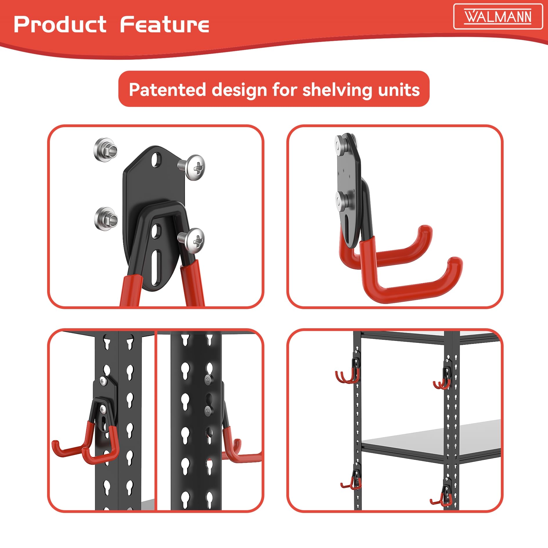 WALMANN 12PCS Garage Storage Hooks, Wall Mount Utility Hooks for Tools, Ladders, Cords, Folding Chairs, Shovels and Rakes, Shelving Hooks for Keyhole Shelving Units