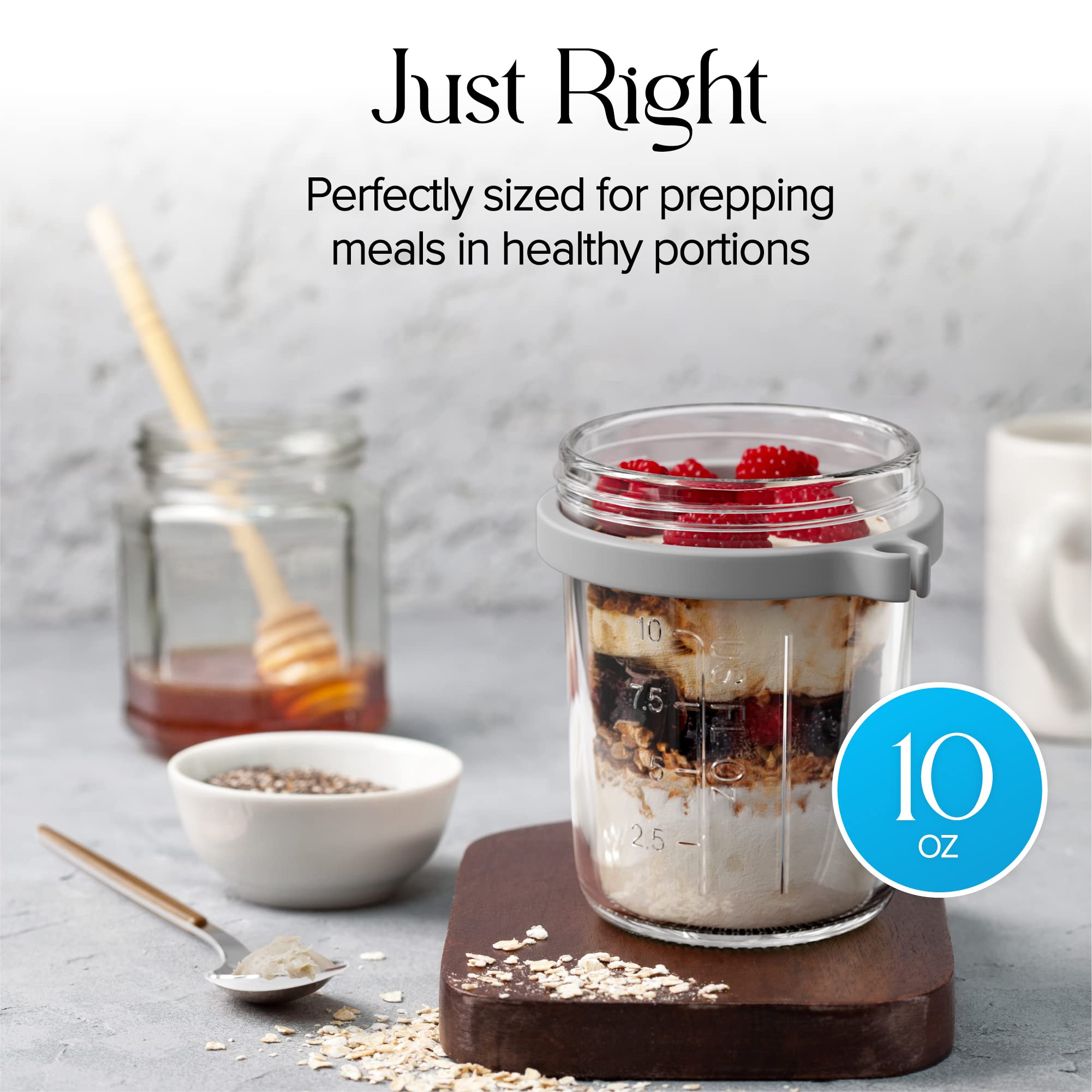 Overnight Oats Containers With Lid And Spoons | Mason Jars For Overnight Oats, Milk, Cereal| Small Containers with Lids | 10 OZ Each | Oatmeal Container | Includes Instructions & Recipes (Grey & Grey)