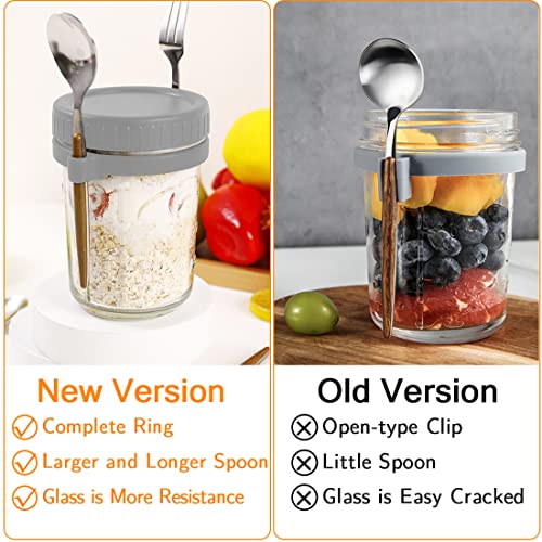 ZCXQM Overnight Oats Containers with Spoon and Fork, 2 Pack 10 oz Mason Jars with Lids for Overnight Oats, Breakfast On the Go Cups Reusable for Milk, Cereal, Fruit(Grey)