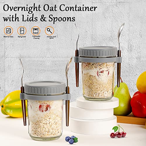 ZCXQM Overnight Oats Containers with Spoon and Fork, 2 Pack 10 oz Mason Jars with Lids for Overnight Oats, Breakfast On the Go Cups Reusable for Milk, Cereal, Fruit(Grey)
