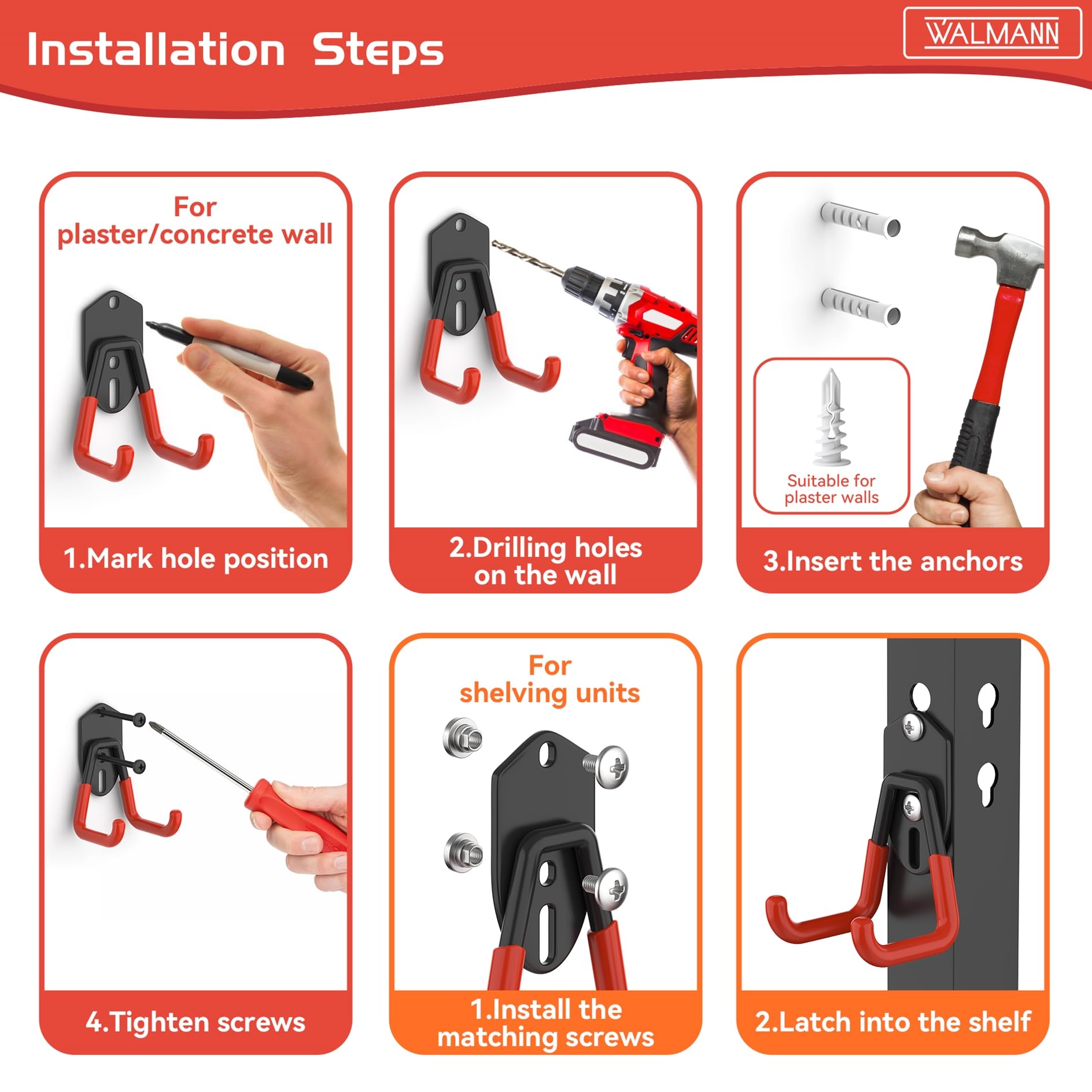 WALMANN 12PCS Garage Storage Hooks, Wall Mount Utility Hooks for Tools, Ladders, Cords, Folding Chairs, Shovels and Rakes, Shelving Hooks for Keyhole Shelving Units