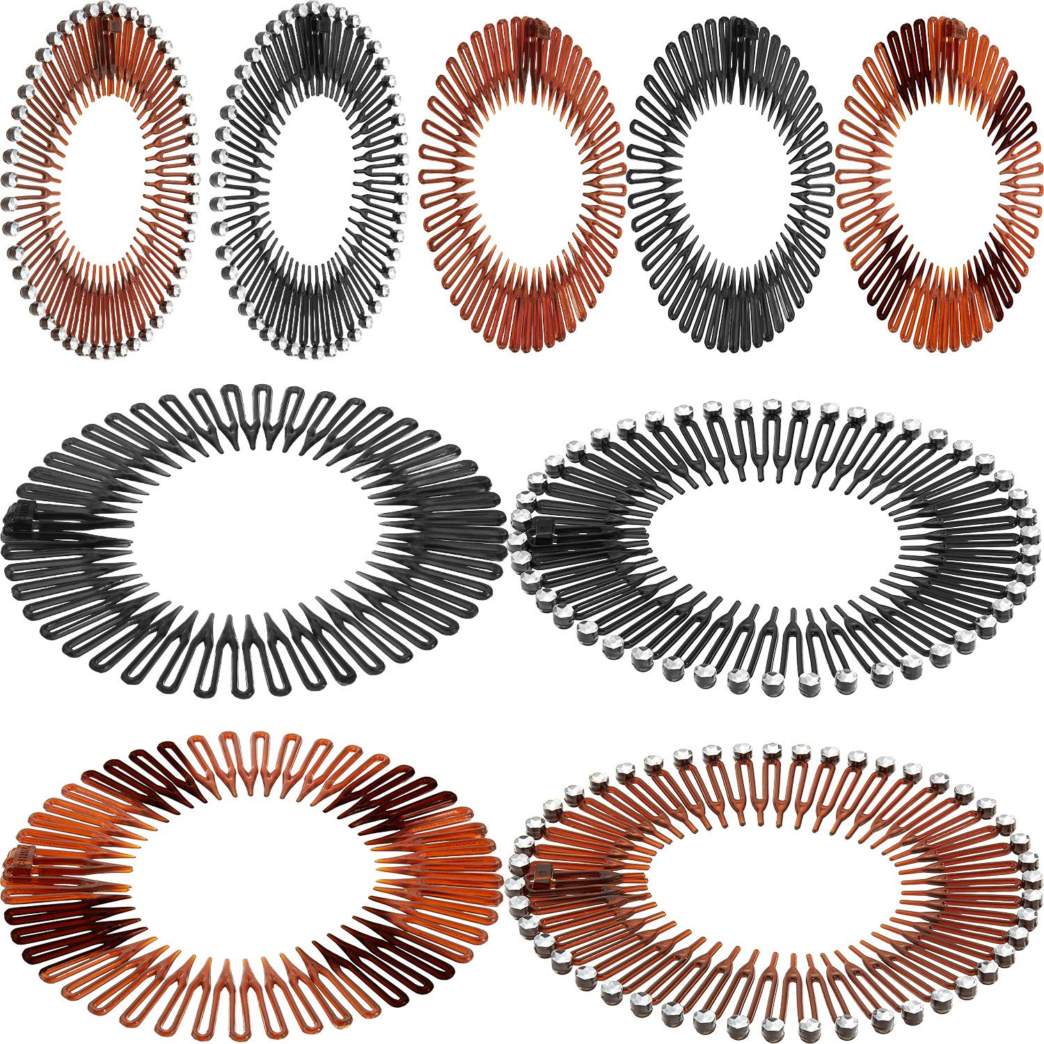 Patelai 20 Pieces Full Circular Stretch Comb Headbands, Plastic Hair Wrap Hairband Holder for Women Girls Sports Hair Accessories, 5 Colors, Black, Brown