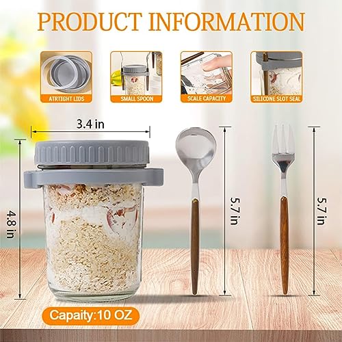 ZCXQM Overnight Oats Containers with Spoon and Fork, 2 Pack 10 oz Mason Jars with Lids for Overnight Oats, Breakfast On the Go Cups Reusable for Milk, Cereal, Fruit(Grey)