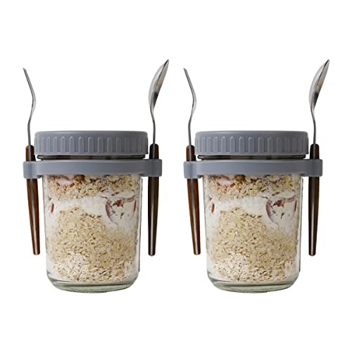 ZCXQM Overnight Oats Containers with Spoon and Fork, 2 Pack 10 oz Mason Jars with Lids for Overnight Oats, Breakfast On the Go Cups Reusable for Milk, Cereal, Fruit(Grey)