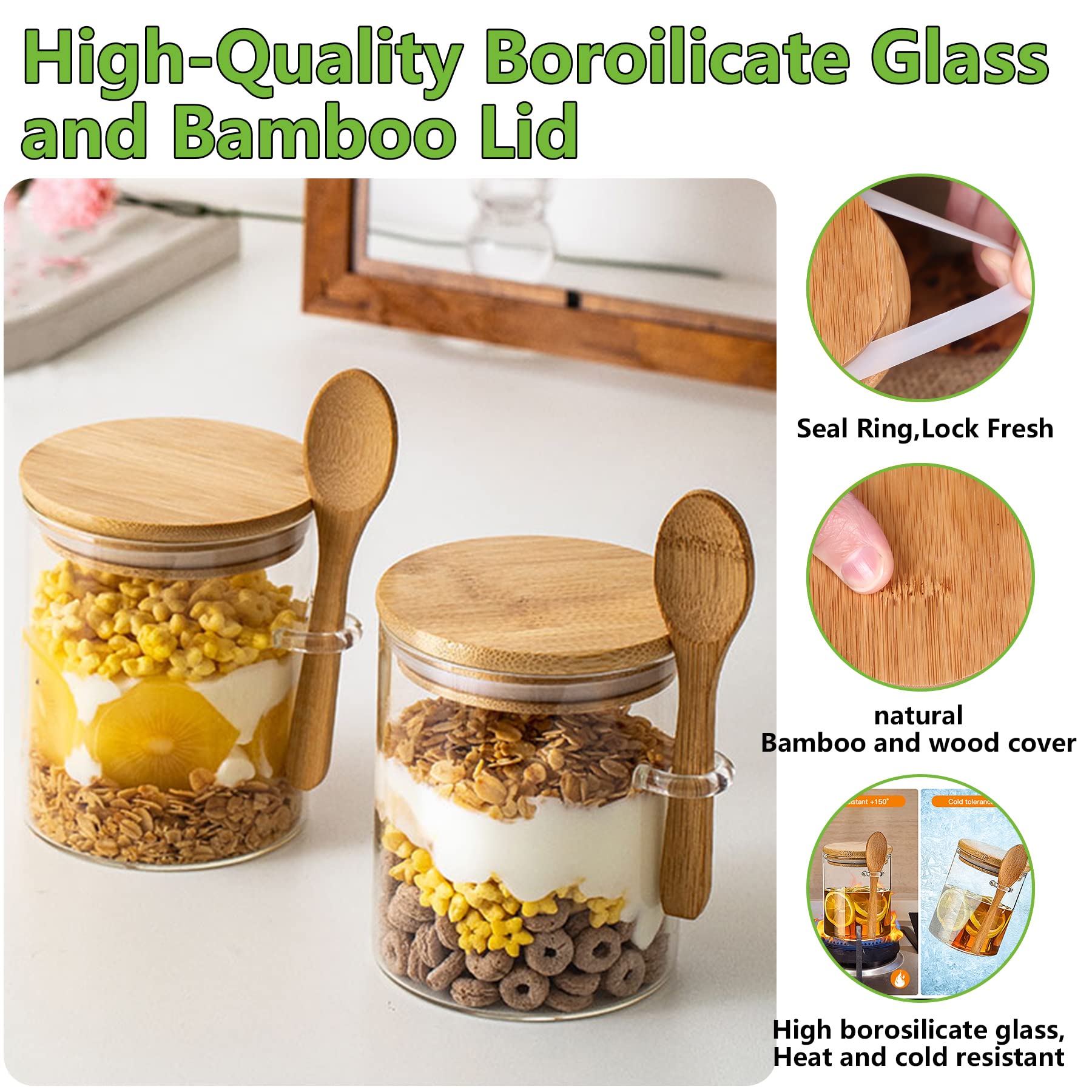 NEPIVEL 6 Pack Glass Jar with Bamboo Lids, 18.5Oz Glass Containers with Airtight Bamboo Lid and Spoons,100% Sealed overnight oats jars salad prep jars for Candy Coffee Beans Sugar Nuts Cookies
