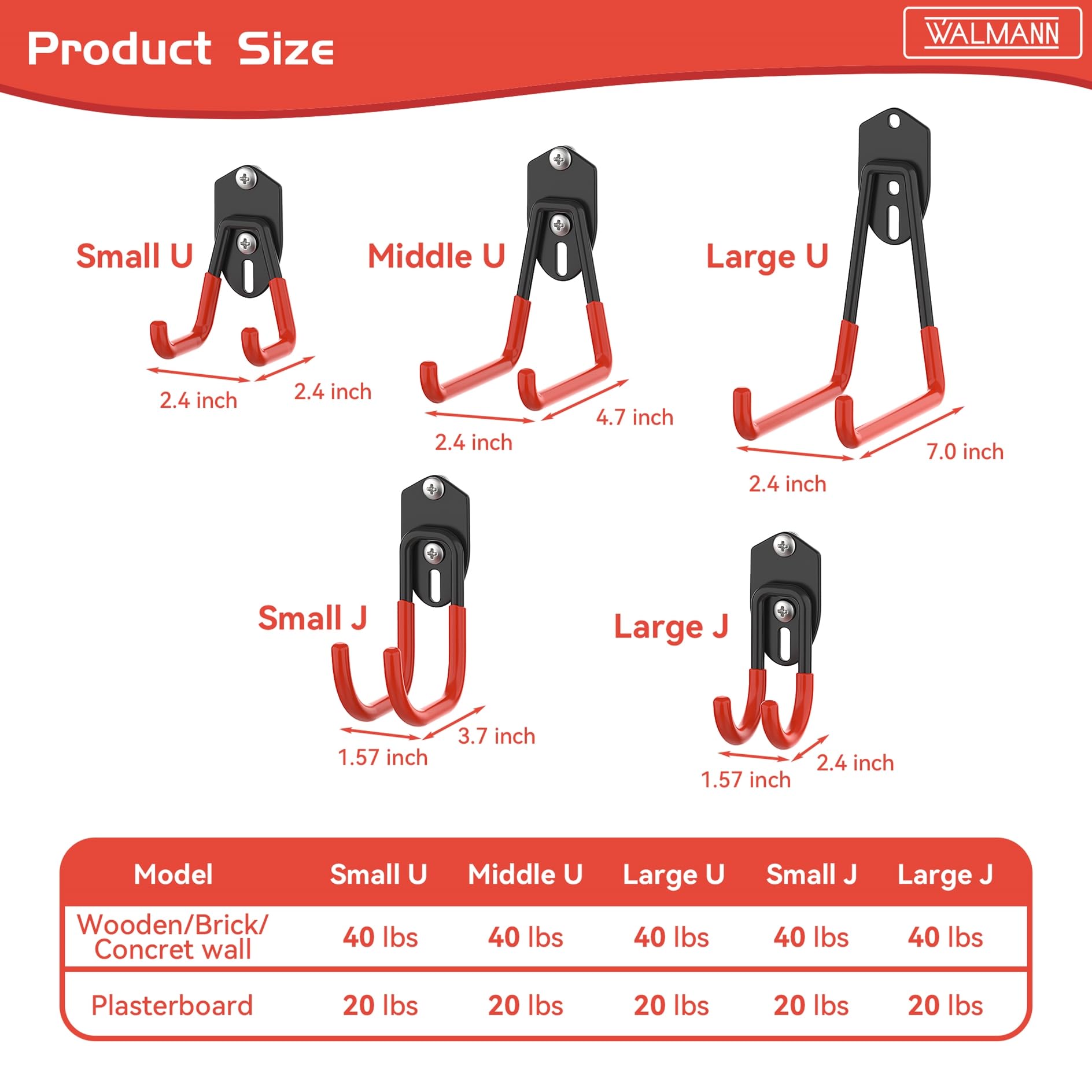 WALMANN 12PCS Garage Storage Hooks, Wall Mount Utility Hooks for Tools, Ladders, Cords, Folding Chairs, Shovels and Rakes, Shelving Hooks for Keyhole Shelving Units