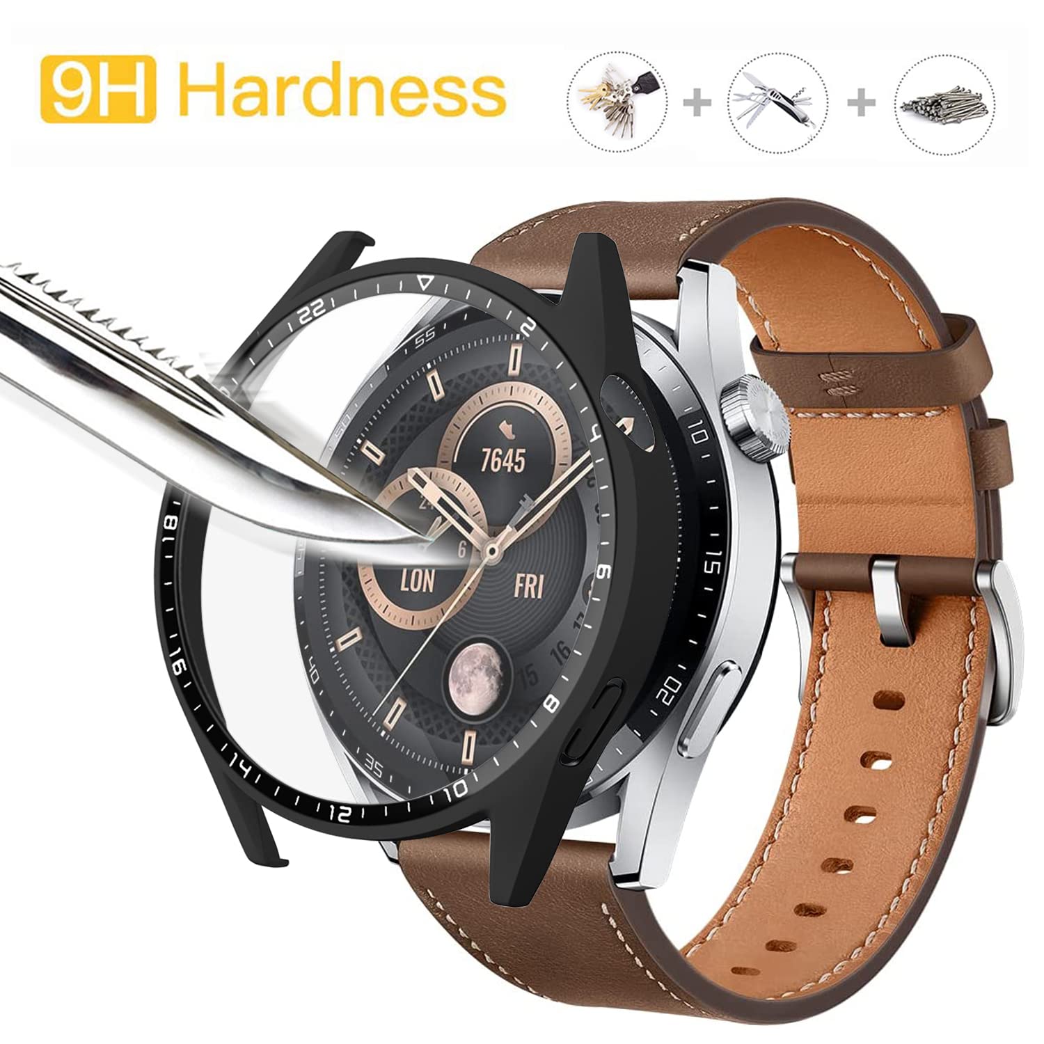 Acadeny [2-Pack] Case with Tempered Glass Screen Protector Compatible for Huawei Watch GT3 46mm, 9H Hardness 360° All-Round Protective Ultra Thin Protective PC Case Cover for - Black Black, 2black