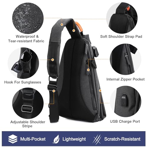 SUNMOP Small Black Sling Crossbody Backpack Shoulder Bag for Men Women, Lightweight One Strap Backpack Sling Bag for Hiking Walking Biking Travel Cycling USB Charger Port