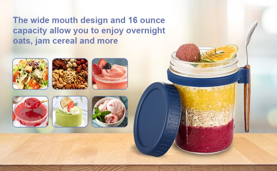 KITOENTI Overnight Oats Containers with Lids and Spoon, 4 Pack 16 Oz Mason Jars, Glass Container for Overnight Oats Leak Proof Oatmeal Container Great for Milk, Cereal, Fruit