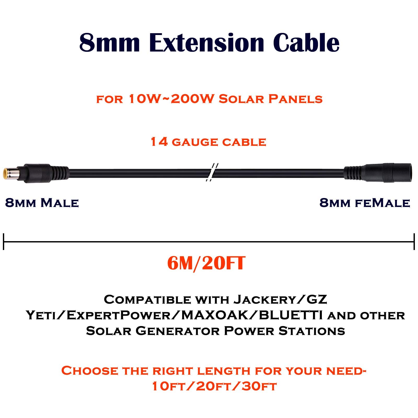 iGreely 8mm Extension Cable 20Ft 6M DC 8mm Cord Compatible with Jackery Goal Zero for Solar Generator Portable Power Station and Solar Panel 14AWG