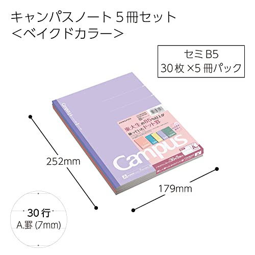 KOKUYO Composition Notebooks, 5 Pack Campus Semi-B5 Comp Book with Dot A 7mm Ruled, 30 Sheets, School Lined Notebook in Baked Colors, Journal Notebook for Women Work Study Note Taking (NO-3CATN-L35X5)