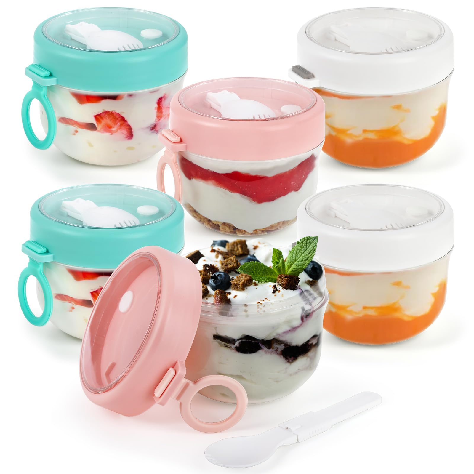 Coloch 6 Pack Plastic Overnight Oats Container with Spoon and Lid, 20oz Portable Prep Oatmeal Jar Leakage Proof On The Go Cup Dessert Cup for Yogurt, Snack, Oatmeal, Fruit, White, Pink, Green