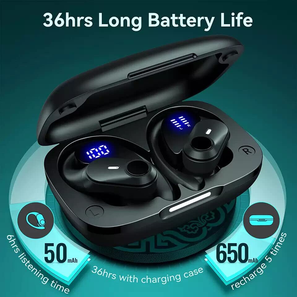 SGNICS for Samsung Galaxy Fold Wireless Earbuds Headphones with Charging Case & Dual Power Display Over-Ear Waterproof Earphones with Earhook Headset with Mic for Sport Running Workout Black