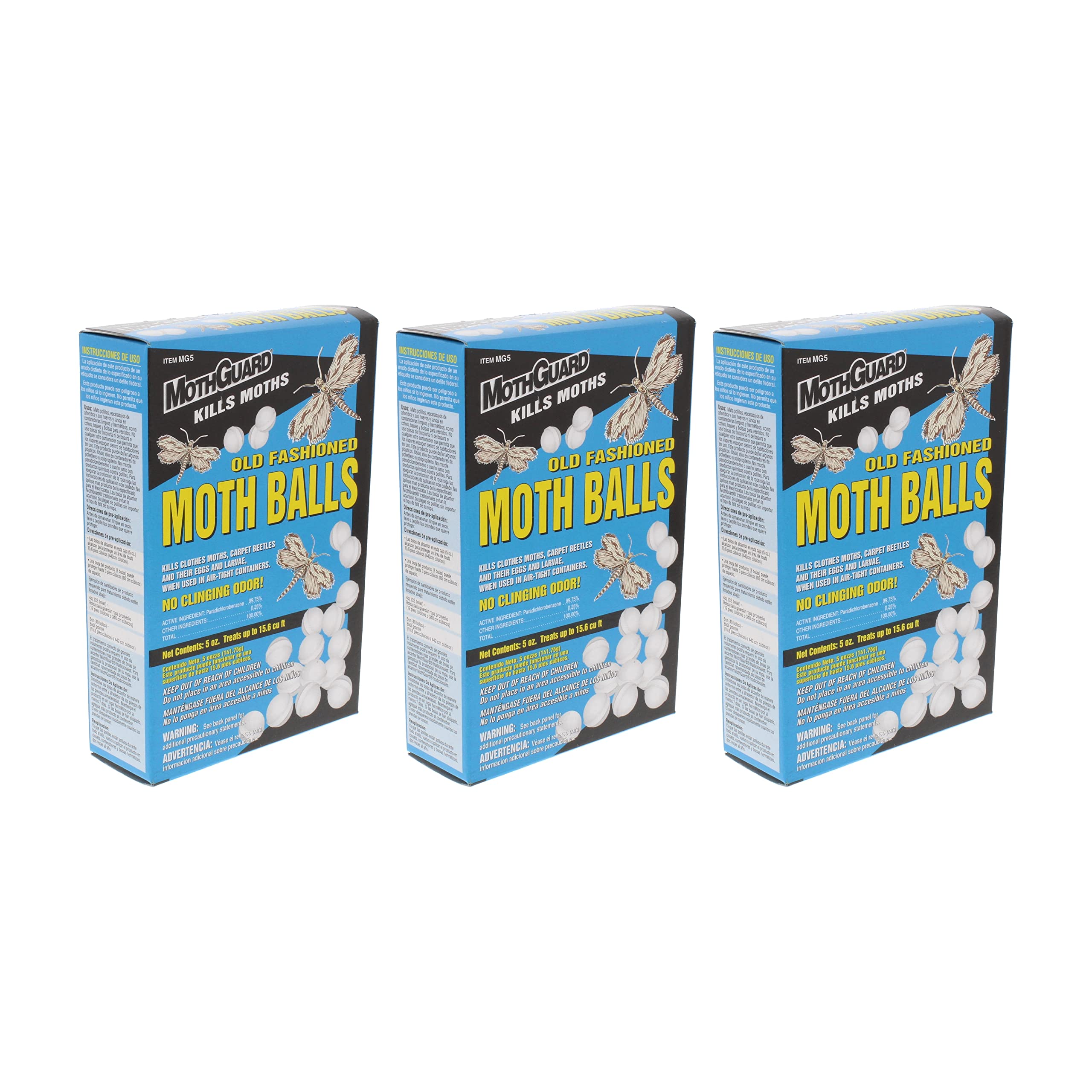 MothGuard MG53PK MG3 Old-Fashioned Cedar Scent, EPA Registered, 5Oz Box of Mothballs-Kills Moths, Carpet Beetles, Repellent Closet Clothes Protector, No Clinging Odor (3-Pack), White