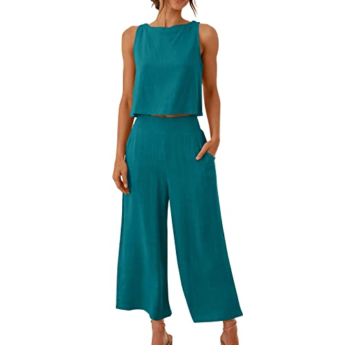 JDHUFEI Summer Sets for Women 2023 Fashion Vacation Outfits for Women Solid Color Blouse and Loose Wide Leg Pants Set