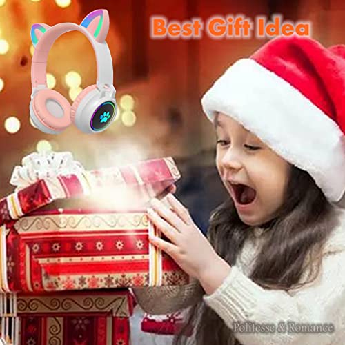 Pink Stereo Gaming Headset with Mic, 3.5MM Sound Cat Ear Wireless Foldable Bluetooth Headphones Lightweight Self-Adjusting Over Ear Headphones for PC, TV, Phone,Online Distant Learning