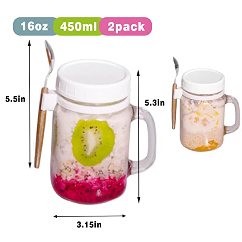 Overnight Oats Containers with Lids 16 oz 2 Pack Glass Mason Jars with Handle and Airtight Silicone Gaskets, Portable Oatmeal Container to Go for Yogurt, Milk, Cereal, Fruit, Salad, Meal Prep-Reusable