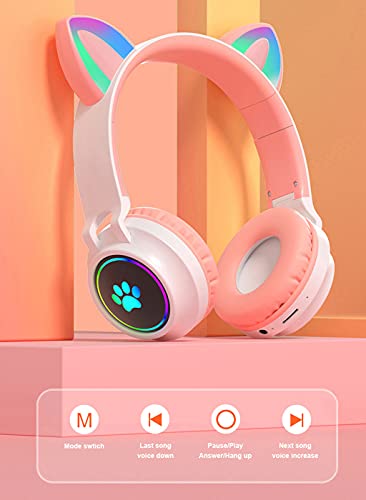 Pink Stereo Gaming Headset with Mic, 3.5MM Sound Cat Ear Wireless Foldable Bluetooth Headphones Lightweight Self-Adjusting Over Ear Headphones for PC, TV, Phone,Online Distant Learning