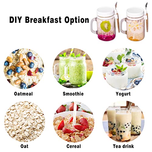 Overnight Oats Containers with Lids 16 oz 2 Pack Glass Mason Jars with Handle and Airtight Silicone Gaskets, Portable Oatmeal Container to Go for Yogurt, Milk, Cereal, Fruit, Salad, Meal Prep-Reusable