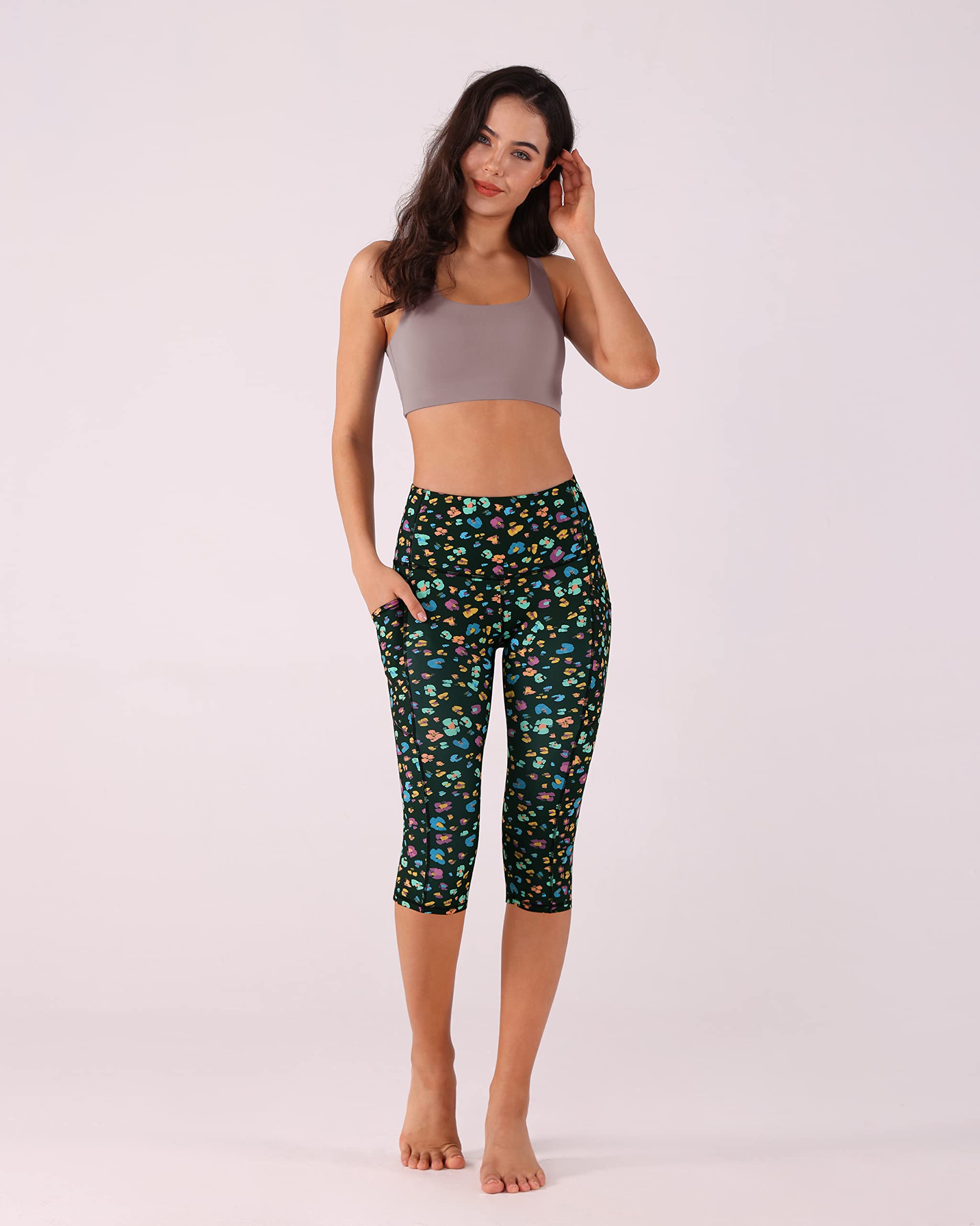 ODODOS Women's High Waisted Printed Yoga Capris with Pocket, Tummy Control Non See Through Workout Sports Running Athletic Capri Leggings, Colorful Camo, Large