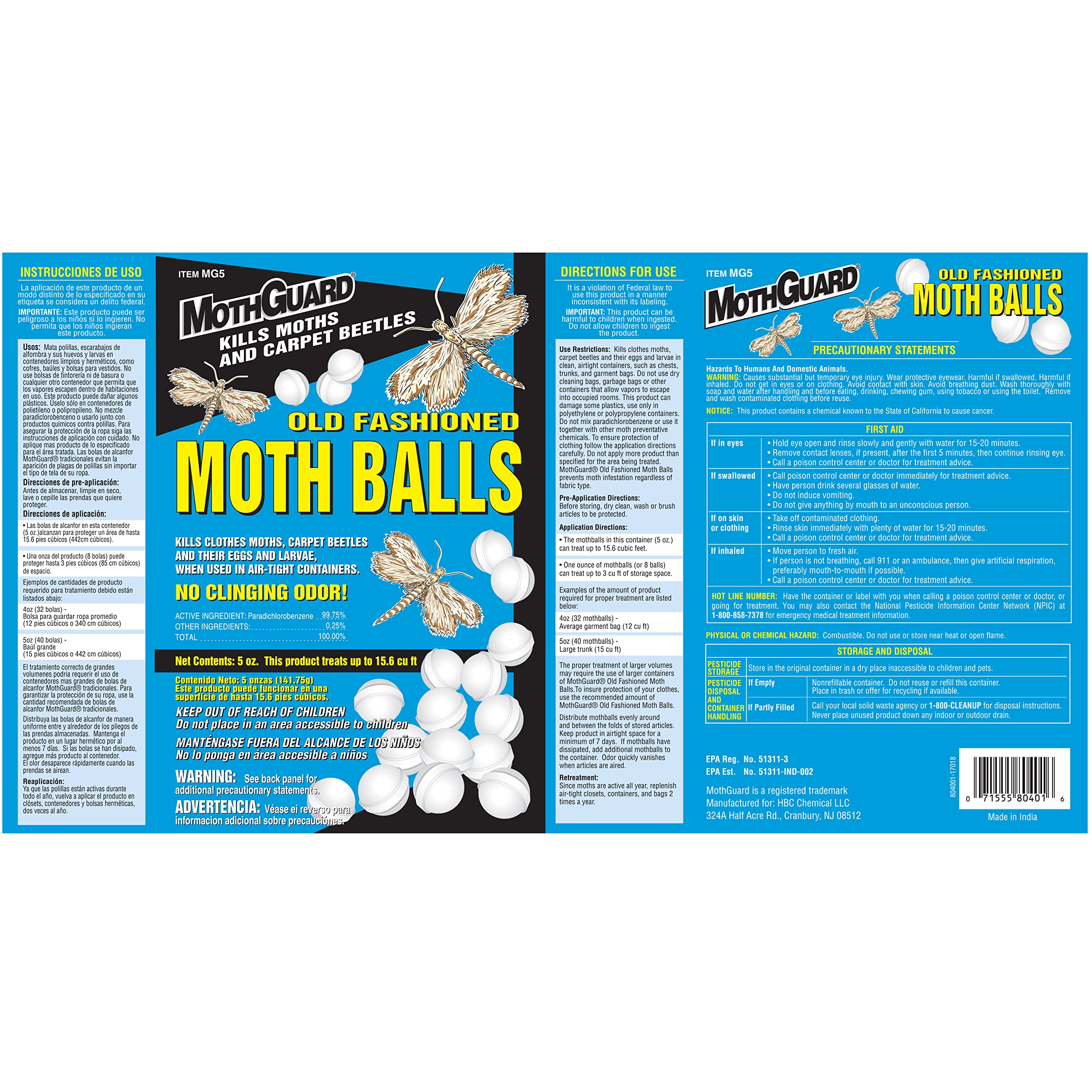 MothGuard MG53PK MG3 Old-Fashioned Cedar Scent, EPA Registered, 5Oz Box of Mothballs-Kills Moths, Carpet Beetles, Repellent Closet Clothes Protector, No Clinging Odor (3-Pack), White