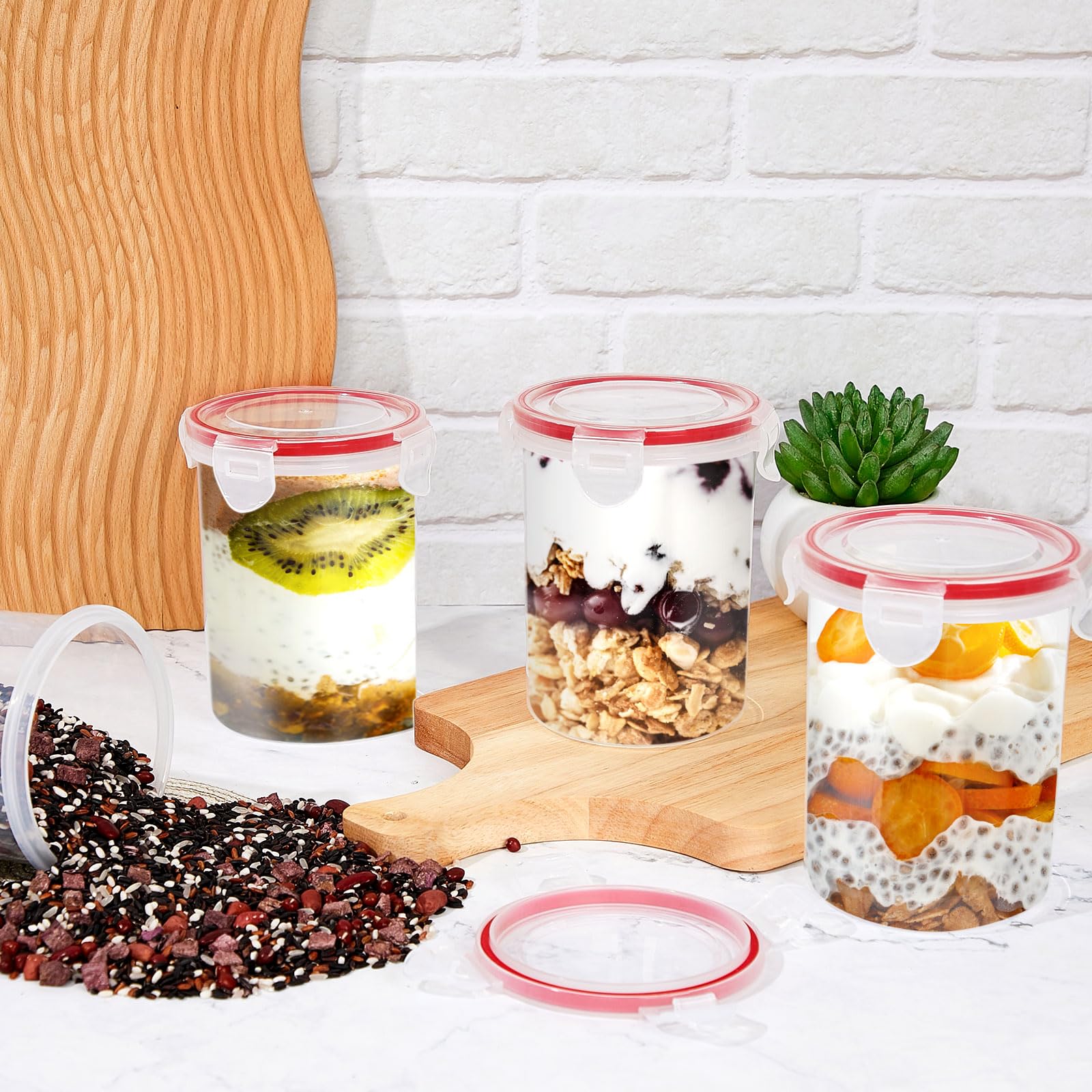 Tessco 8 Pieces Overnight Oats Containers with Lids 16 oz Round Airtight Oatmeal Container Plastic Leakproof Mason Jars for Overnight Oats with Locking Lid Cereal Milk Oatmeal Storage (Red)