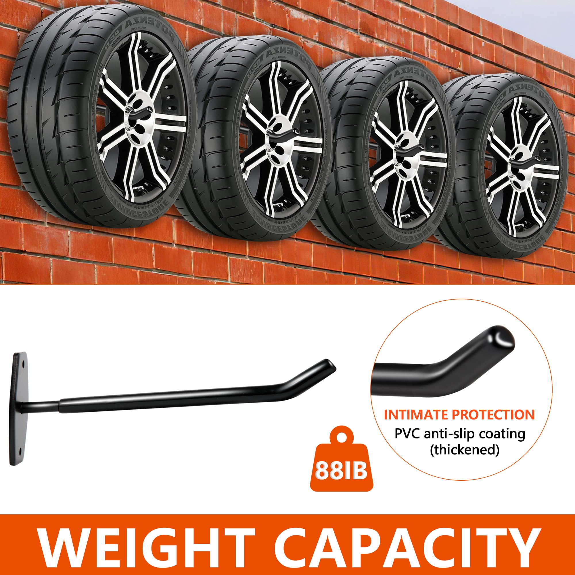 MHHO-WG 4PACK Tire Rack Wall Mount,10 Inch Large Garage Hooks Heavy Duty Storage, Ladder Hooks for Hanging,Tire Rack Wall Mount,Garage Organizer