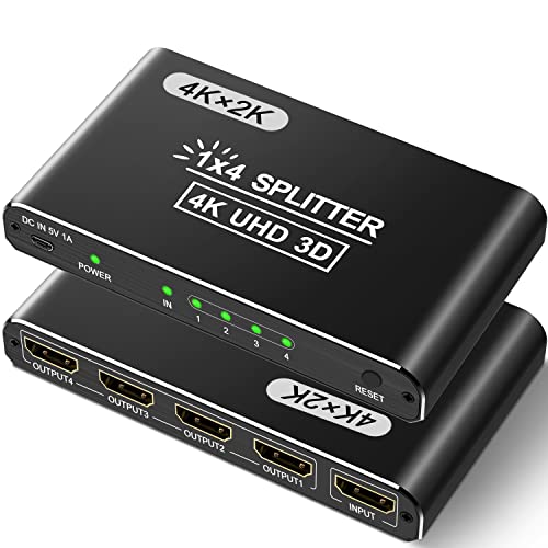 Movcle HDMI Splitter 1 in 4 Out, 4K HDMI Splitter for Dual Monitors/Mirror, Supports 4Kx2K@30Hz 3D Full HD 1080P for Xbox PS4 Blu-Ray Player Fire Stick Roku Apple TV (1 Source onto 4 Displays)