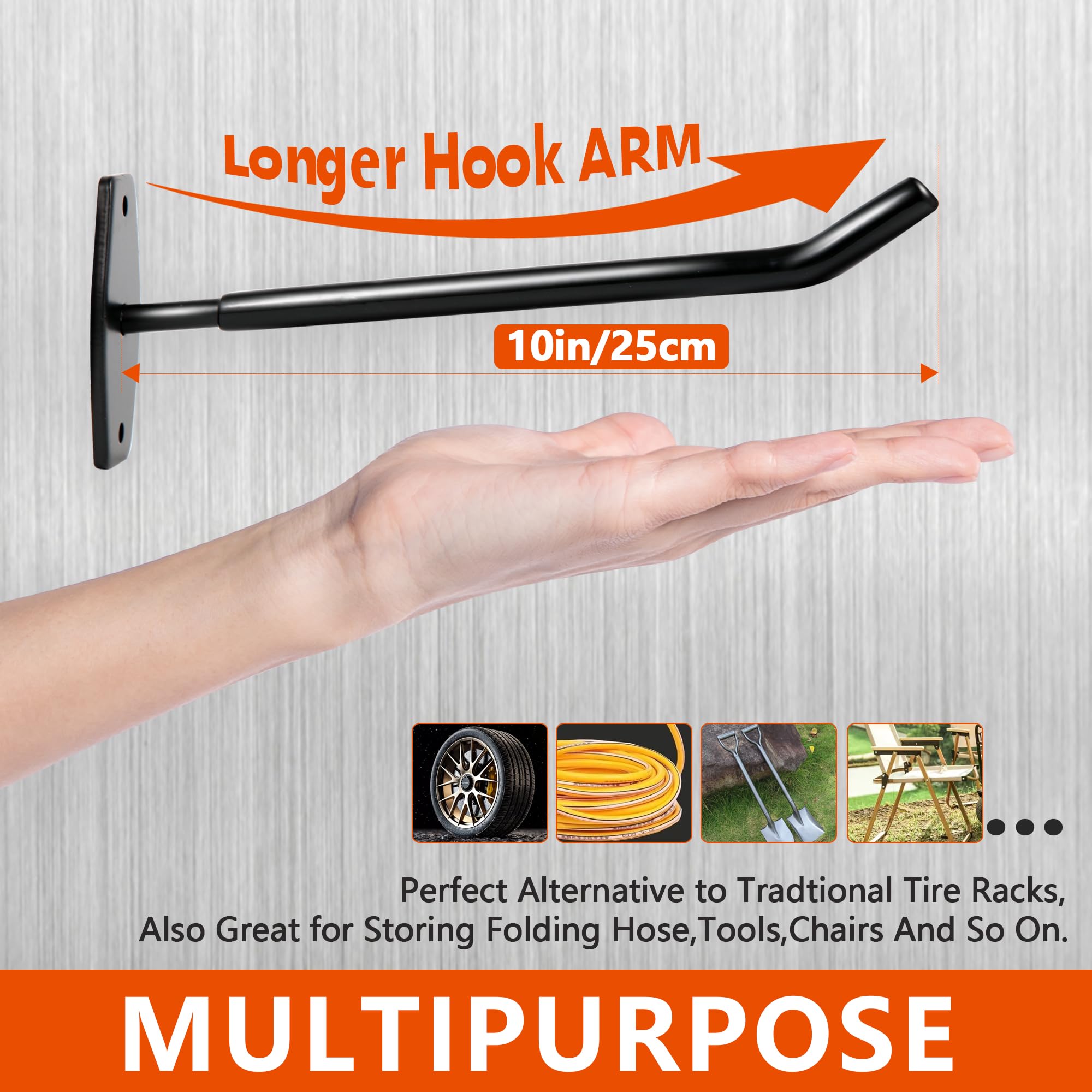 MHHO-WG 4PACK Tire Rack Wall Mount,10 Inch Large Garage Hooks Heavy Duty Storage, Ladder Hooks for Hanging,Tire Rack Wall Mount,Garage Organizer