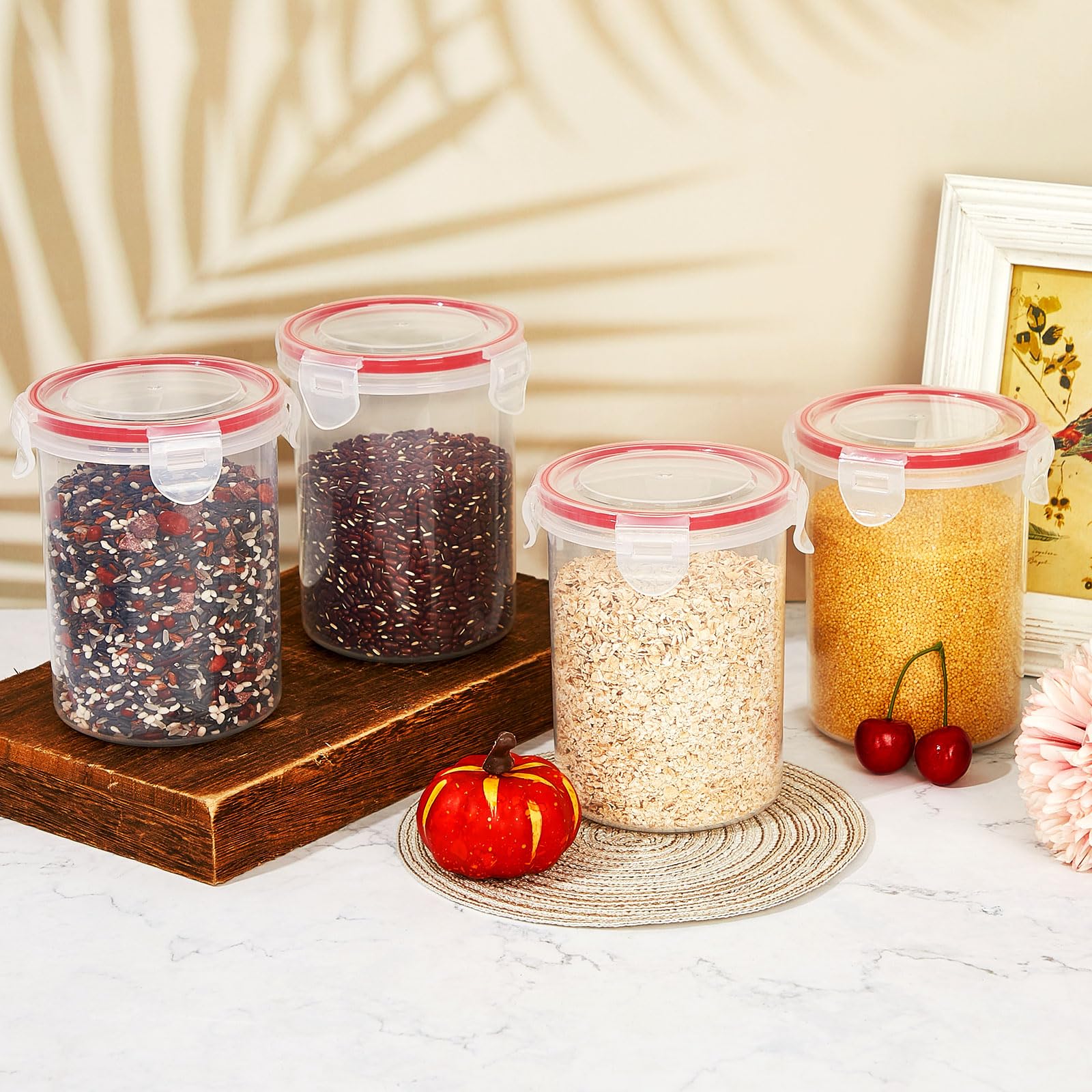Tessco 8 Pieces Overnight Oats Containers with Lids 16 oz Round Airtight Oatmeal Container Plastic Leakproof Mason Jars for Overnight Oats with Locking Lid Cereal Milk Oatmeal Storage (Red)
