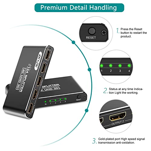 Movcle HDMI Splitter 1 in 4 Out, 4K HDMI Splitter for Dual Monitors/Mirror, Supports 4Kx2K@30Hz 3D Full HD 1080P for Xbox PS4 Blu-Ray Player Fire Stick Roku Apple TV (1 Source onto 4 Displays)