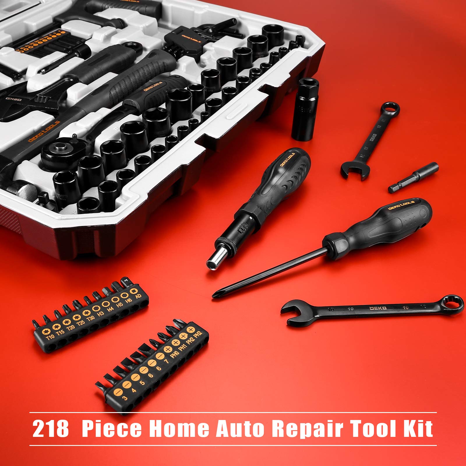DEKOPRO 218-Piece General Household Hand Tool kit, Professional Auto Repair Tool Set for Homeowner, General Household Hand Tool Set with Plier, Screwdriver Set, Socket Set, with Portable Storage Case