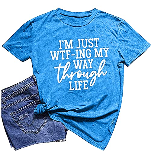 JDHUFEI Women's Crewneck Shirts Summer Plus Size Crewneck Tops Cute Letter Print Short Sleeve Blouse Casual Clothes