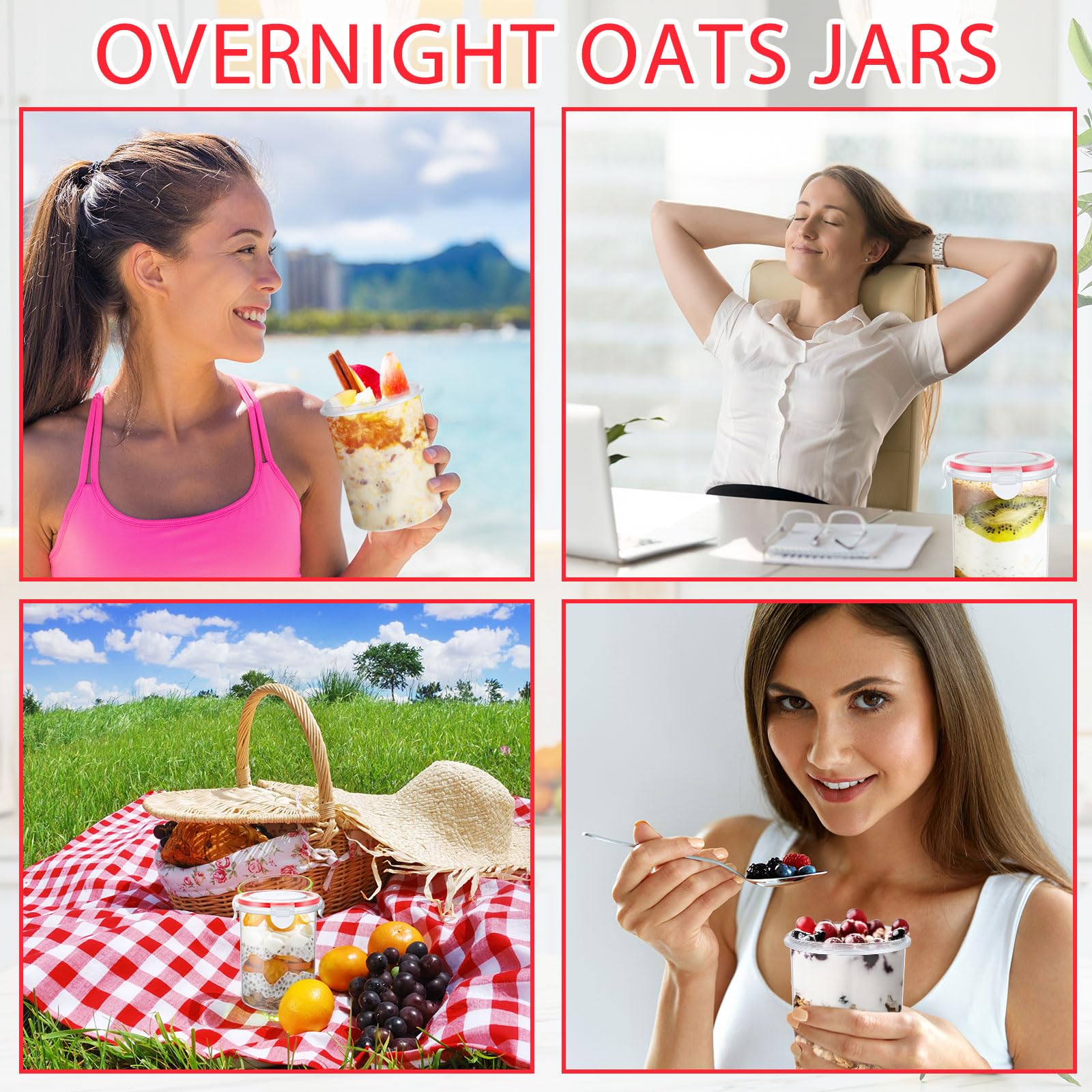Tessco 8 Pieces Overnight Oats Containers with Lids 16 oz Round Airtight Oatmeal Container Plastic Leakproof Mason Jars for Overnight Oats with Locking Lid Cereal Milk Oatmeal Storage (Red)