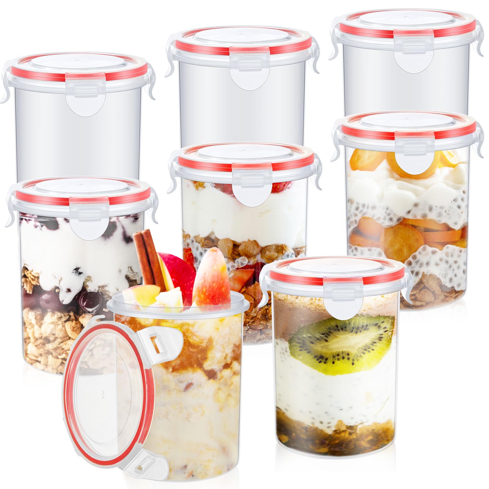 Tessco 8 Pieces Overnight Oats Containers with Lids 16 oz Round Airtight Oatmeal Container Plastic Leakproof Mason Jars for Overnight Oats with Locking Lid Cereal Milk Oatmeal Storage (Red)