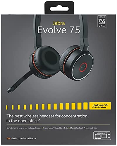 Jabra Evolve 75 Stereo Wireless Bluetooth Headset - with World-Class Speakers, Active Noise-Cancelling Microphone and All Day Battery, UC Optimized (Renewed)