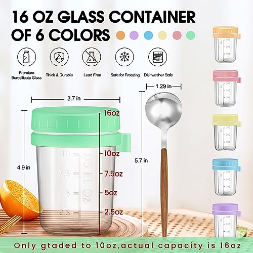 Tekuve 6 Pack Overnight Oats Containers with Lids and Spoon, Glass 16 oz Mason Jars with Airtight Lid for Overnight Oats Meal Prep