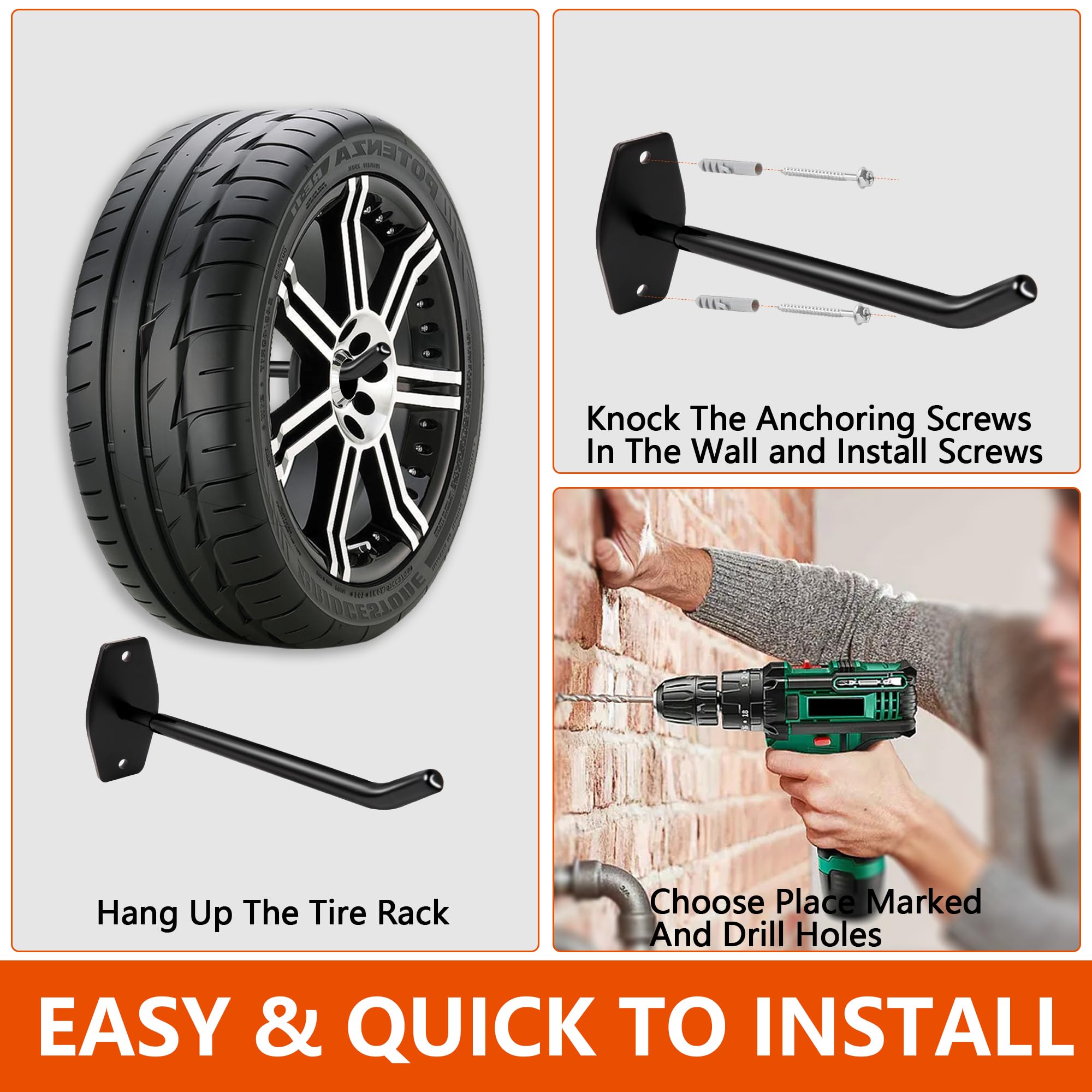 MHHO-WG 4PACK Tire Rack Wall Mount,10 Inch Large Garage Hooks Heavy Duty Storage, Ladder Hooks for Hanging,Tire Rack Wall Mount,Garage Organizer