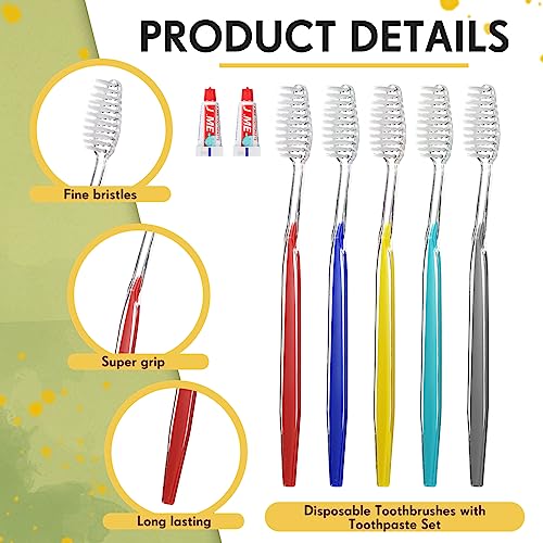 Amyhill 50 Sets Disposable Toothbrushes with Toothpaste Individually Wrapped Toothbrushes and Toothpaste Bulk 5 Colors Soft Bristle Tooth Brush for Travel Homeless Shelter Hotel Guest Apartment
