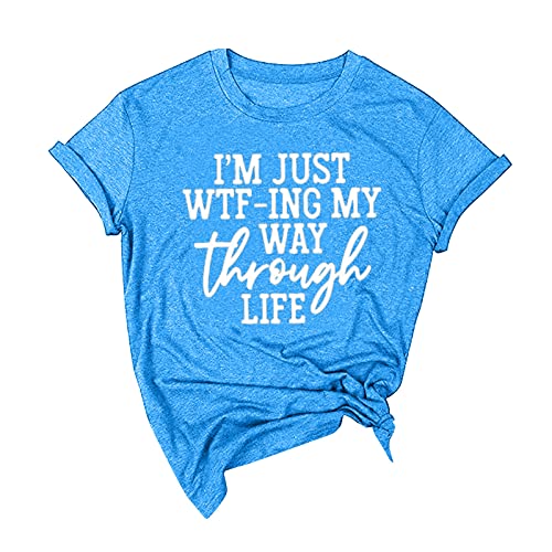 JDHUFEI Women's Crewneck Shirts Summer Plus Size Crewneck Tops Cute Letter Print Short Sleeve Blouse Casual Clothes