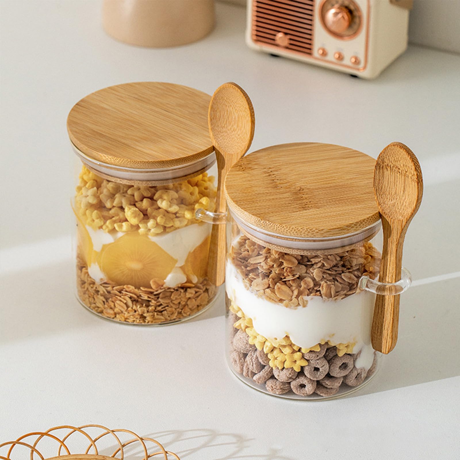 INSTITIZER 4 Pack Glass Jars with Bamboo Lid & Bamboo Spoons, 18.6oz Airtight Food Storage Containers, Clear Glass Jars for Cookie, Candy, Coffee, Sugar, Matcha Tea, Bath Salts