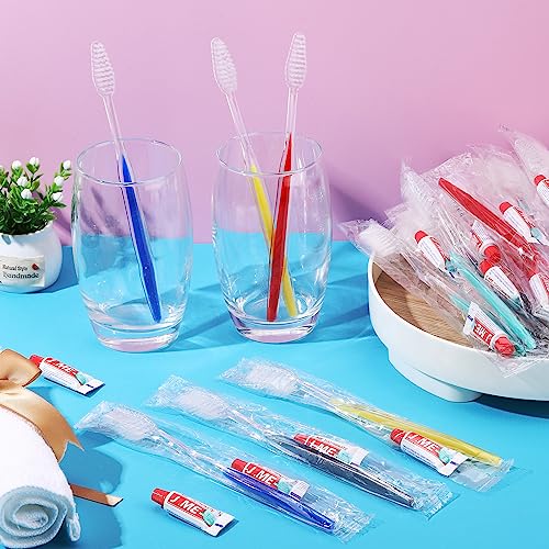 Amyhill 50 Sets Disposable Toothbrushes with Toothpaste Individually Wrapped Toothbrushes and Toothpaste Bulk 5 Colors Soft Bristle Tooth Brush for Travel Homeless Shelter Hotel Guest Apartment