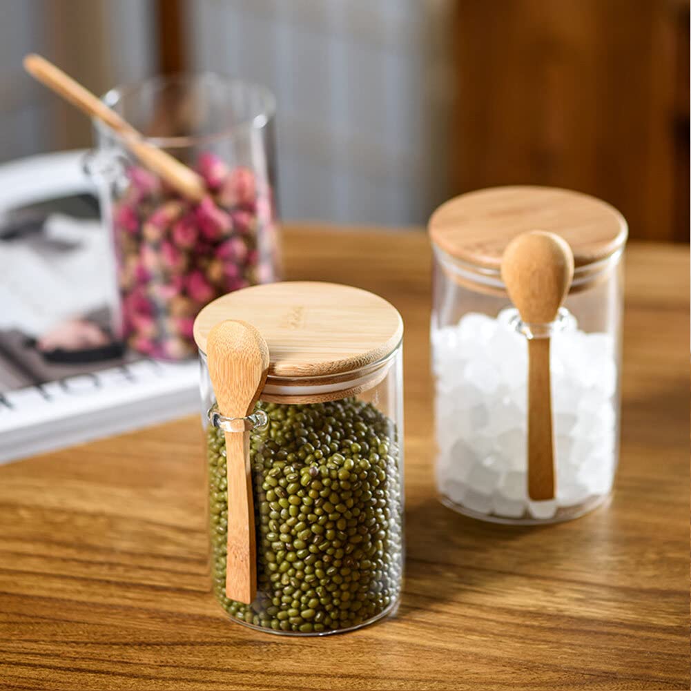 INSTITIZER 4 Pack Glass Jars with Bamboo Lid & Bamboo Spoons, 18.6oz Airtight Food Storage Containers, Clear Glass Jars for Cookie, Candy, Coffee, Sugar, Matcha Tea, Bath Salts
