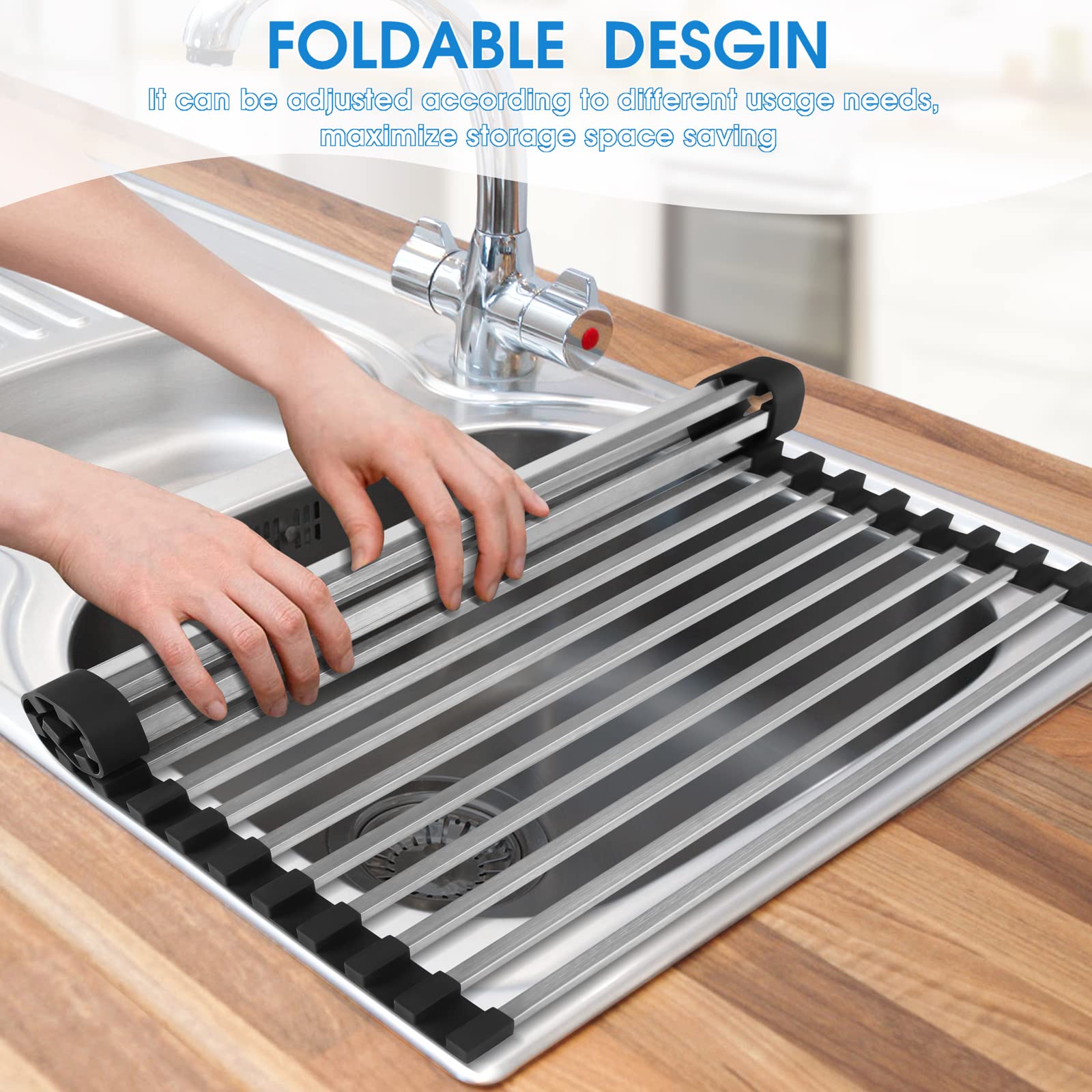 KIBEE Dish Drying Rack,Square Rods Stainless Steel Roll Up Over The Sink Drainer,Gadget Tool for Many Kitchen Task (17.35 x 15.15 Black)