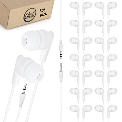 JustJamz Earbuds 500 Pack | Best Bulk Earbuds, Pearl White in Ear Buds, Disposable Earphones, Classroom Headphones Set, Wired Earphones Perfect for Kids, Laptop, Chromebook, Phones | School Ear Buds