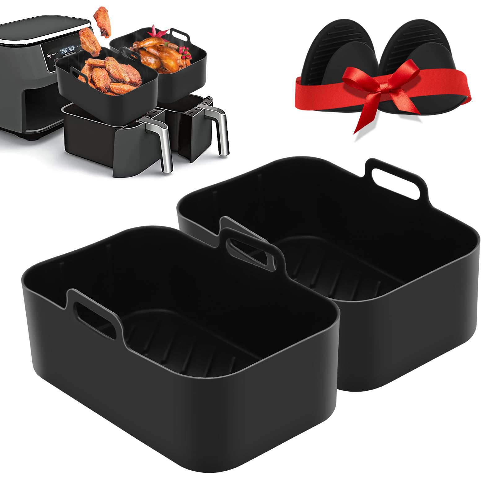 10QT Air Fryer Silicone Liners, 2pcs Rectangular Silicone Airfryer Basket with Heat Proof Gloves, Reusable Air Fryer Accessories for Ninja Dual Zone DZ401/DZ550