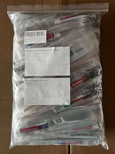 HQSLsund 50pcs Disposable Toothbrushes with Toothpaste Floss Individually Wrapped, 2 Color Disposable Toothbrush, 10g Toothpaste, Dental Floss Pick, Bulk Toothbrush Kit for Homeless,Airbnb,Hotel