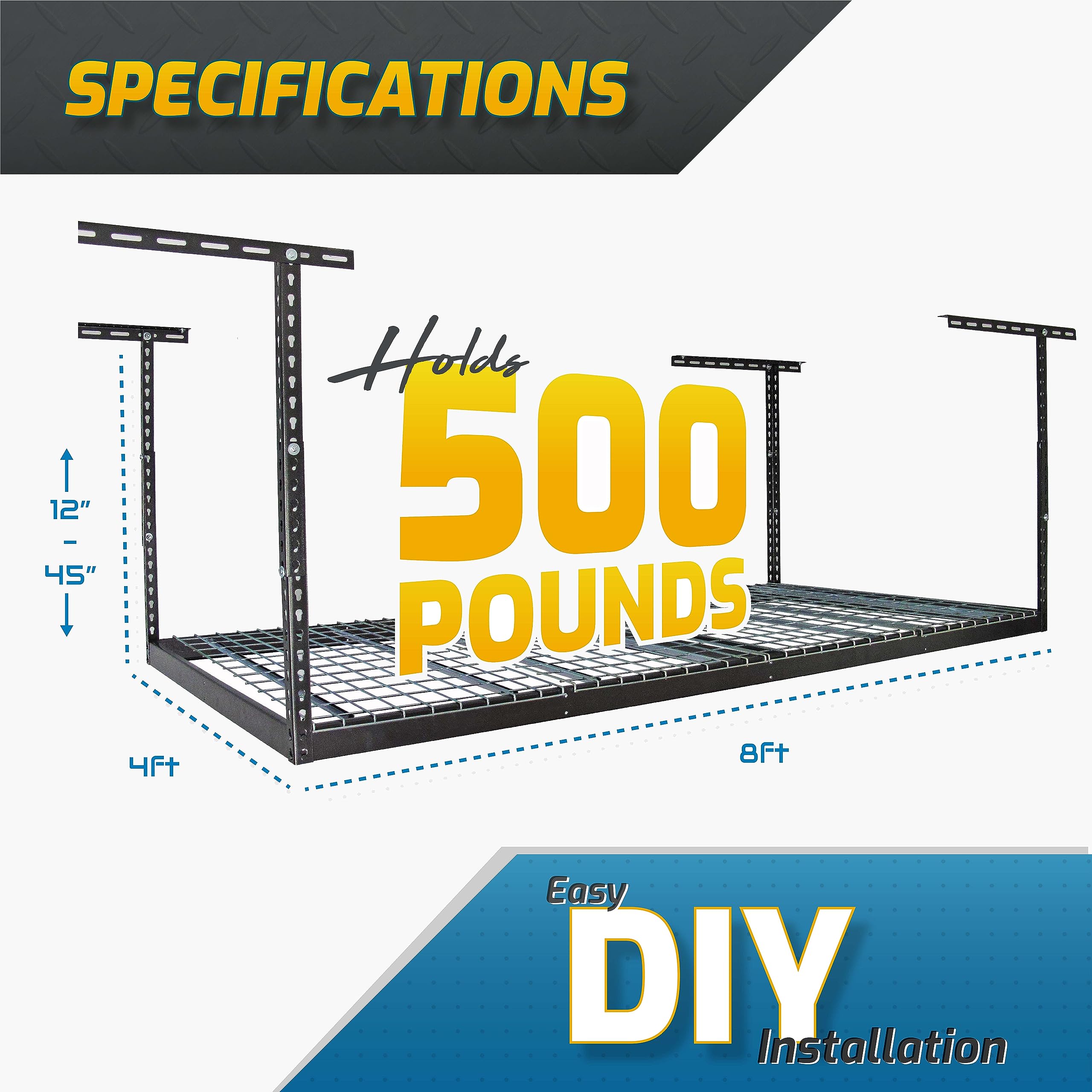 MonsterRax Overhead Garage Storage Racks 3x8β (2-Pack) Ceiling Mounted Shelving, Adjustable Hanging Organizer, Heavy Duty Steel, Holds 500 Pounds, Color:Hammertone, Adjustable12"-21β from Ceiling